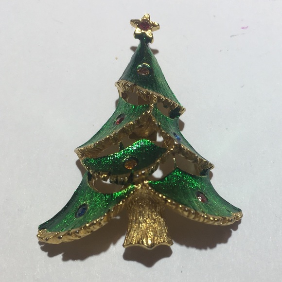 Vintage | Jewelry | Vintage Jj Enamel Christmas Tree Gold Brooch Pin ...